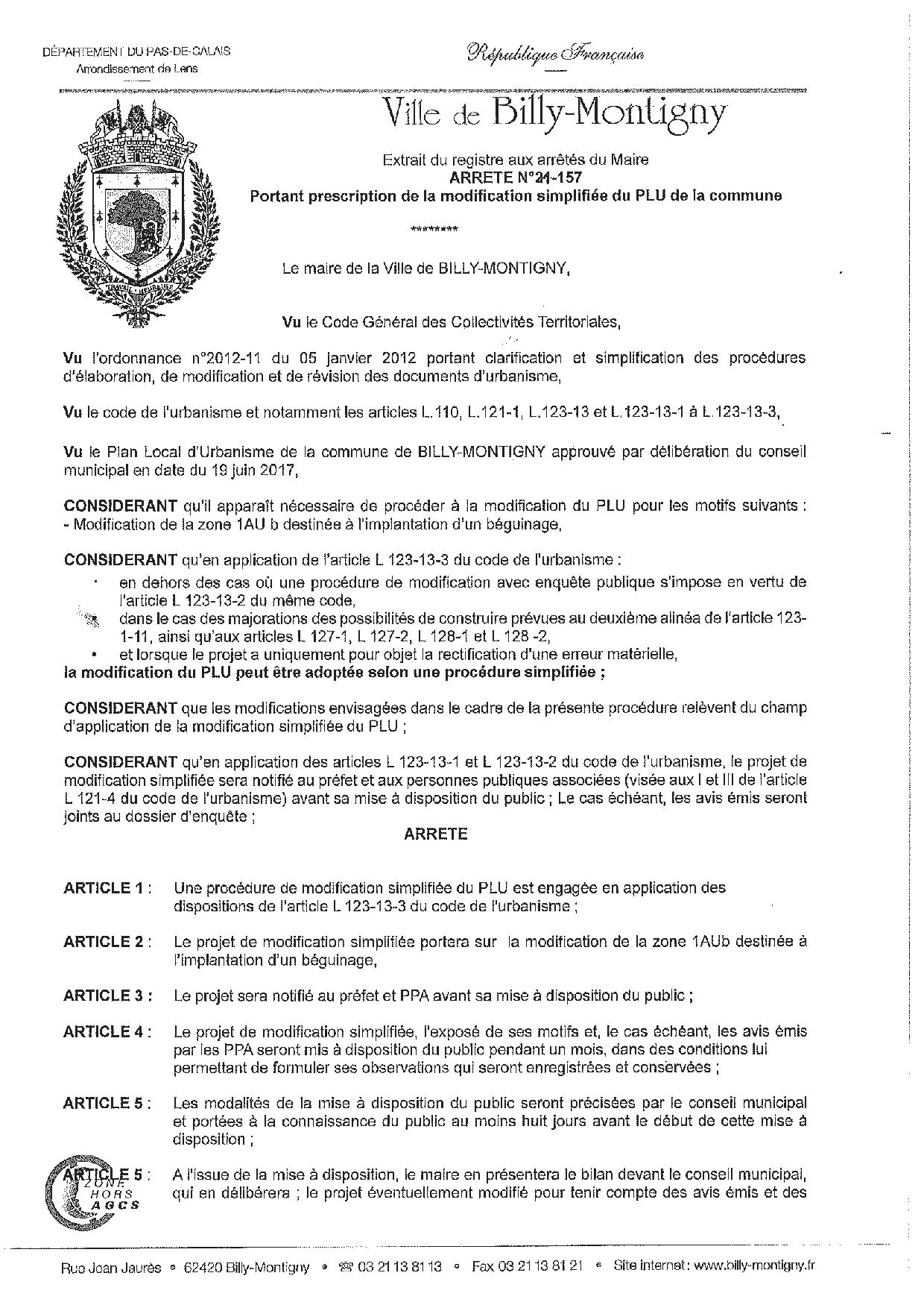Modification simplifiée du PLU – Billy-Montigny Modification simplifiée du PLU – Billy-Montigny