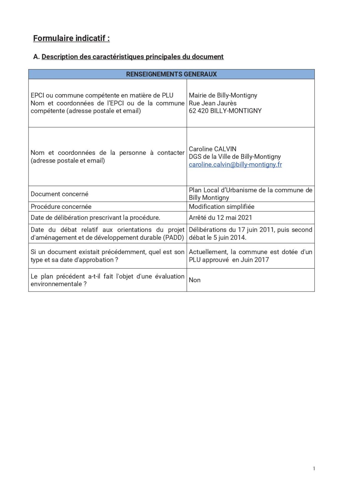 Modification simplifiée du PLU – Billy-Montigny Modification simplifiée du PLU – Billy-Montigny